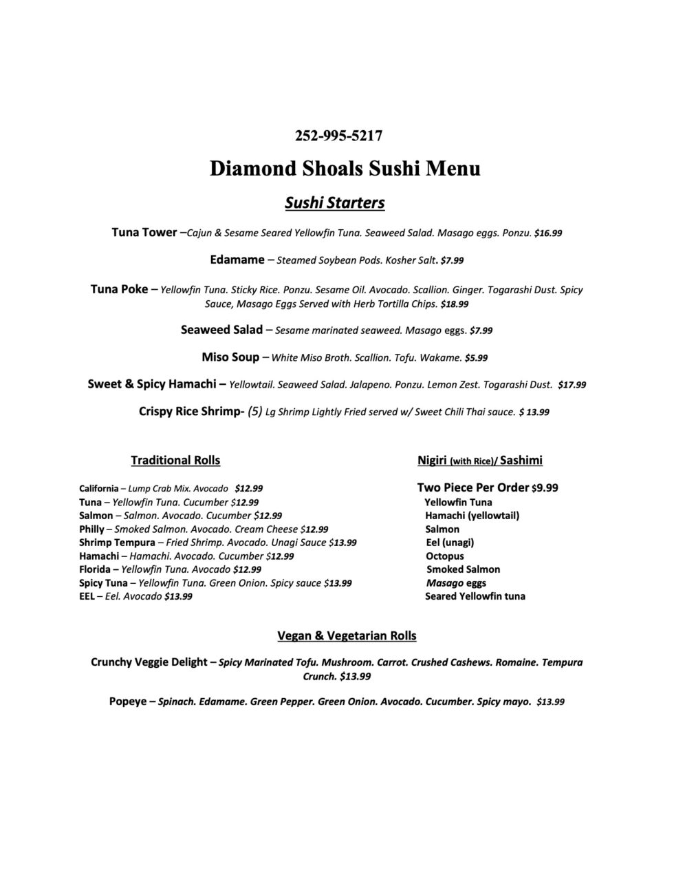 Menus - Diamond Shoals Restaurant & Sushi Bar