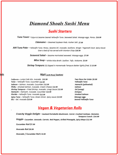 Menus - Diamond Shoals Restaurant & Sushi Bar